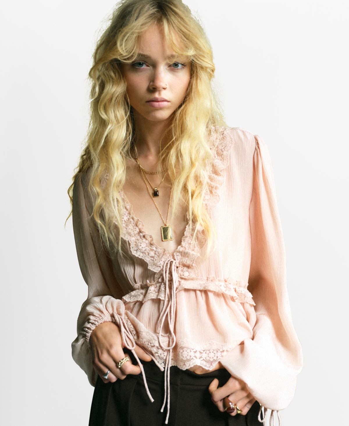 Click here for Mango Womens Lace Trim V-Neck Blouse - Pale Pink prices