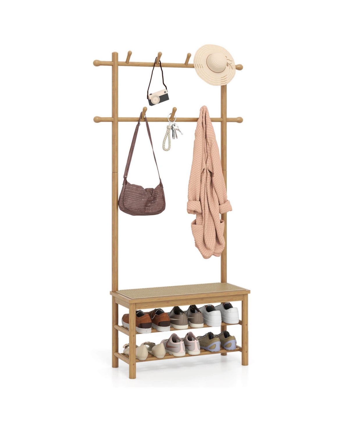 Click here for Costway Bamboo Coat Rack with Bench Shoe Storage 2... prices