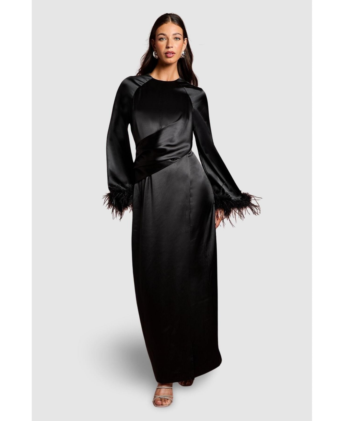 Click here for Coast Womens Feather Trim Satin Maxi Dress - Black prices