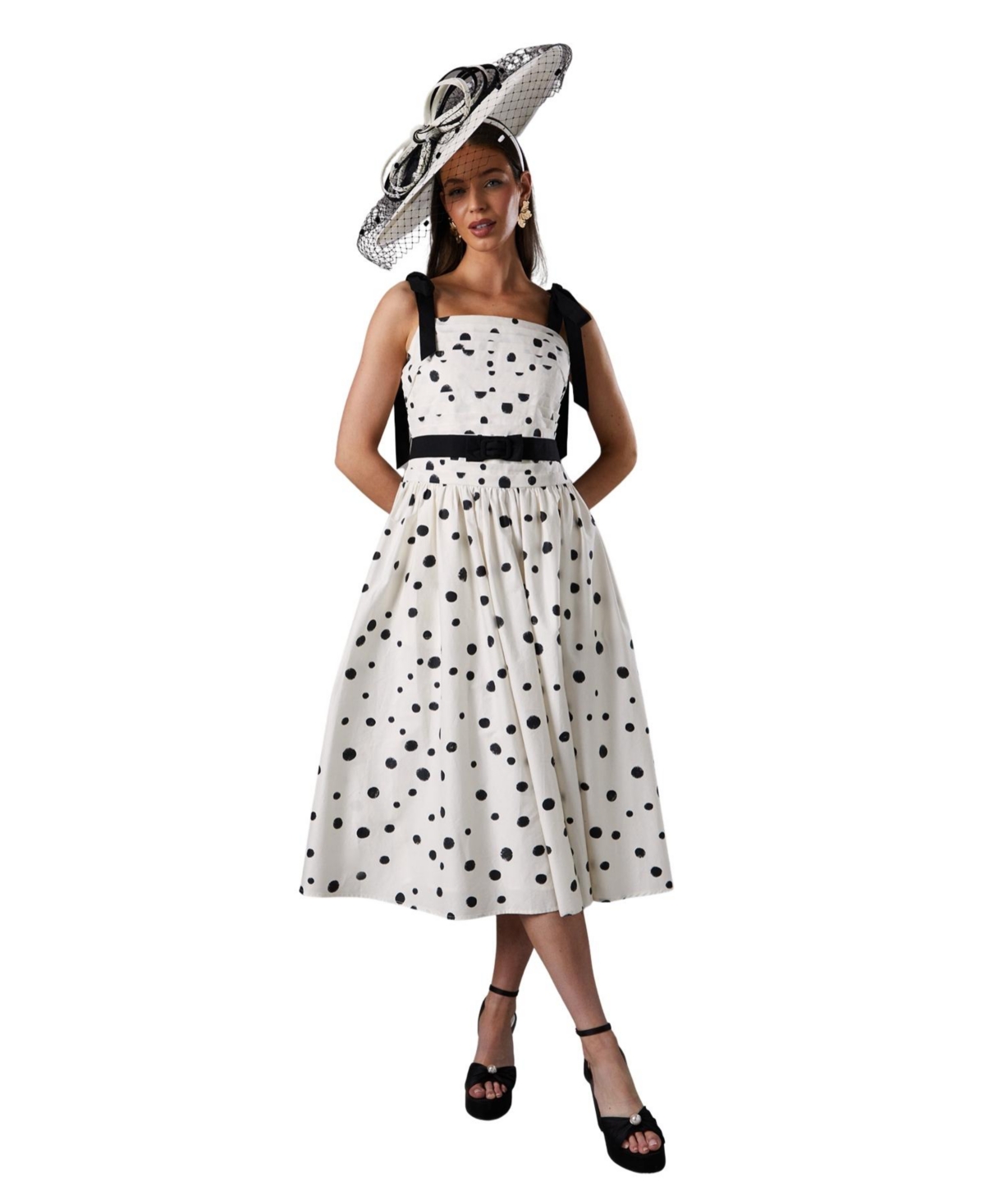 Click here for Coast Womens Lisa Tan Mono Spot Bow Detail Midi Dr... prices