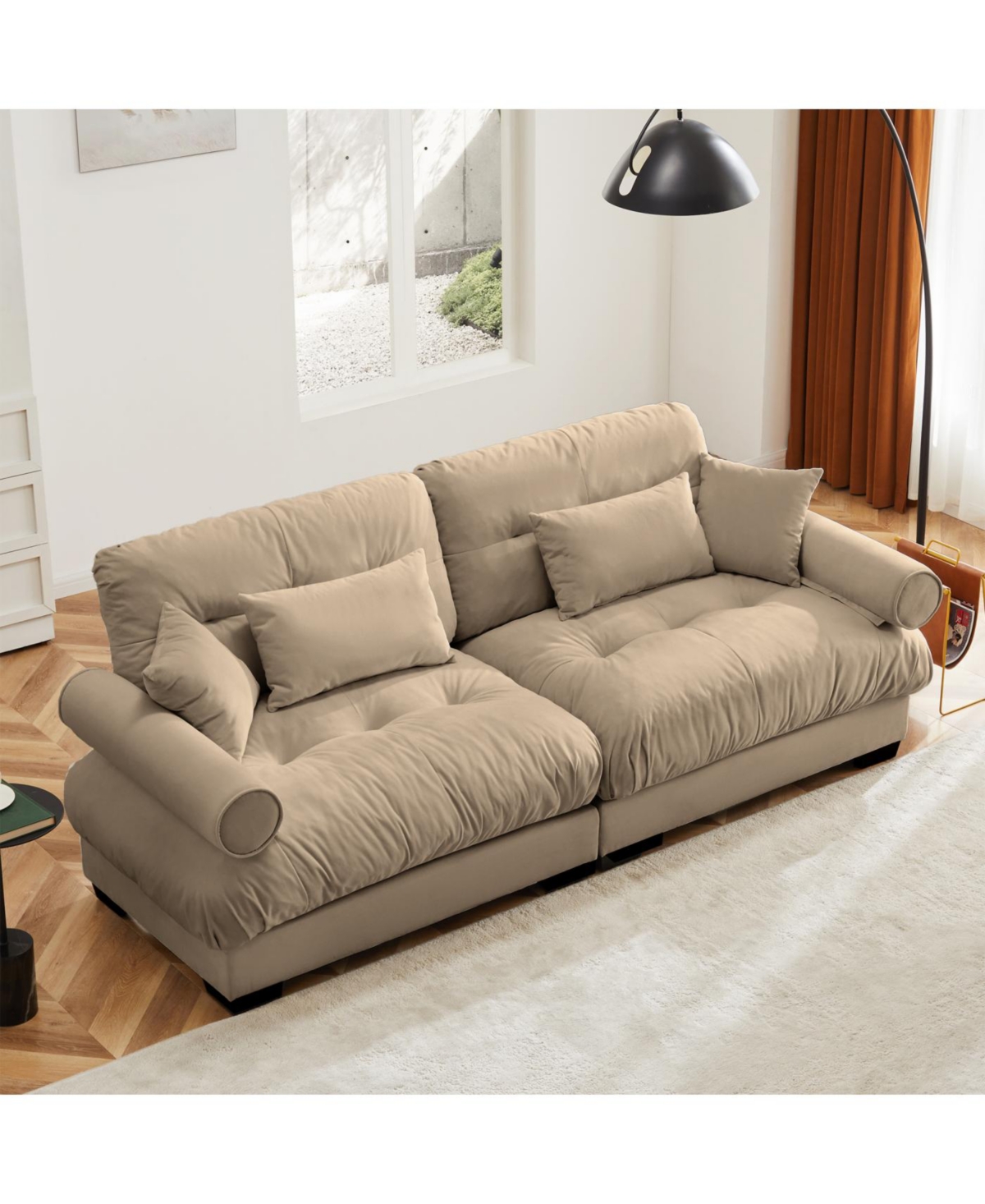 Click here for Streamdale Camel Velvet Two-Seater Sofa with Pillo... prices