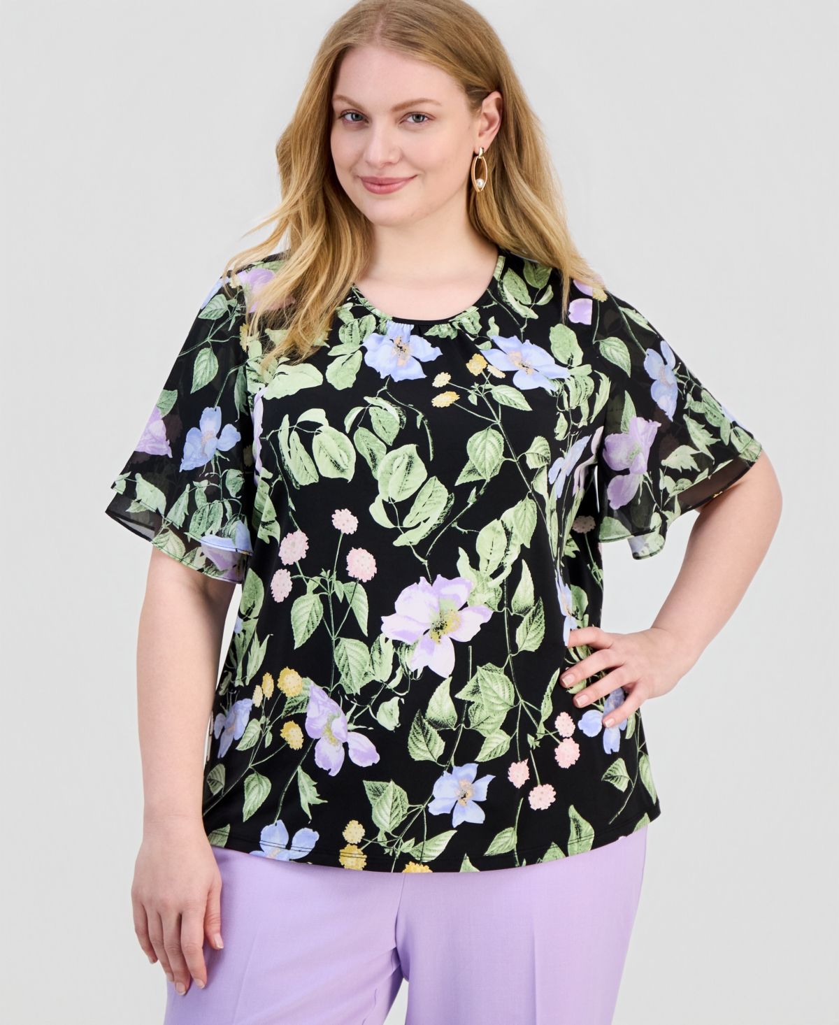 Click here for Kasper Plus Size Floral-Print Flutter-Sleeve Top -... prices