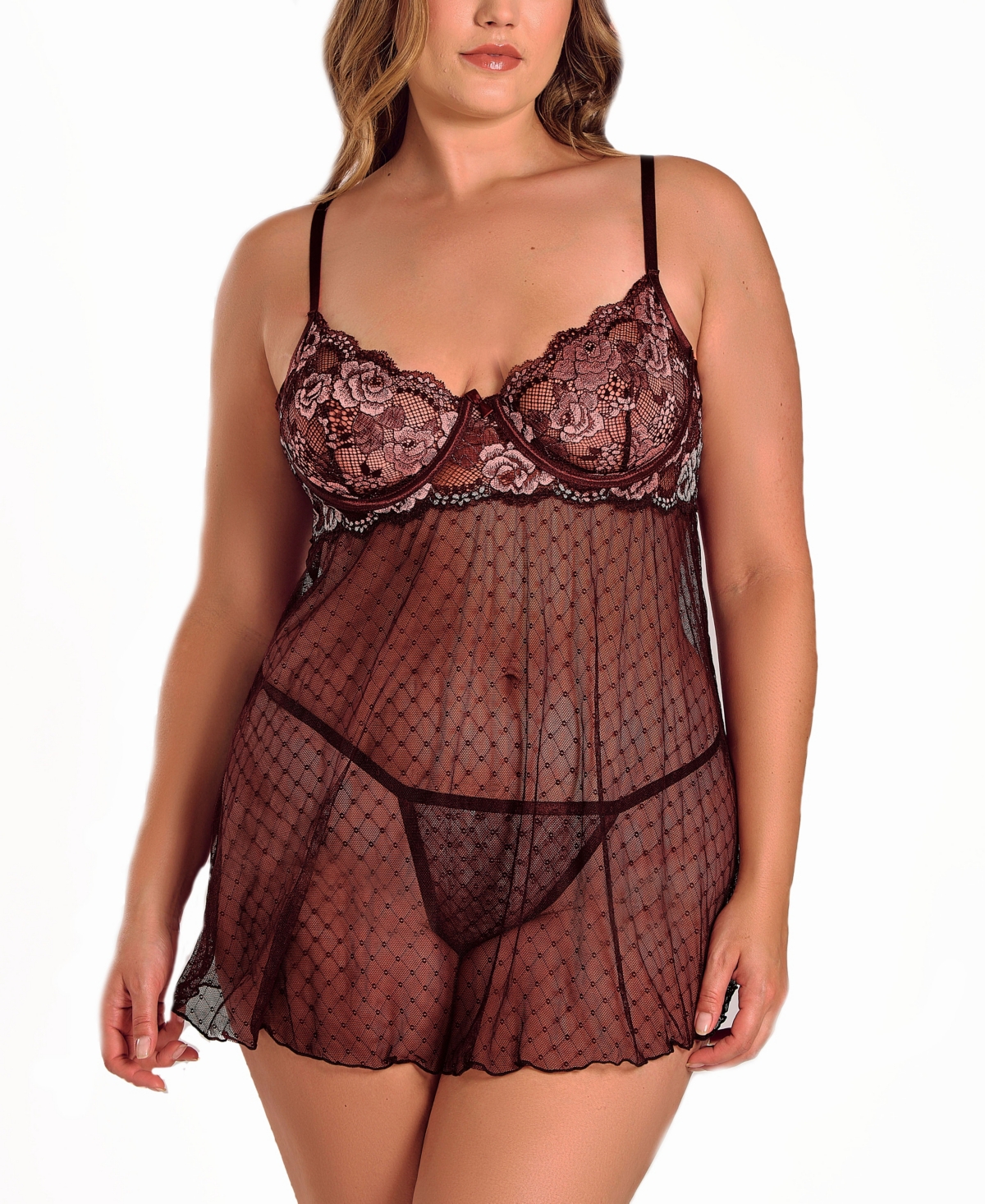 Click here for iCollection Plus Size Lace and Dotted Mesh Babydol... prices