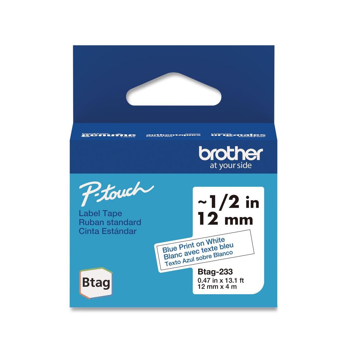 Brother P-Touch Btag233 0.47 in. x 13.1 ft. Genuine P-Touch BTAG Label Tapes - Blue on White - White