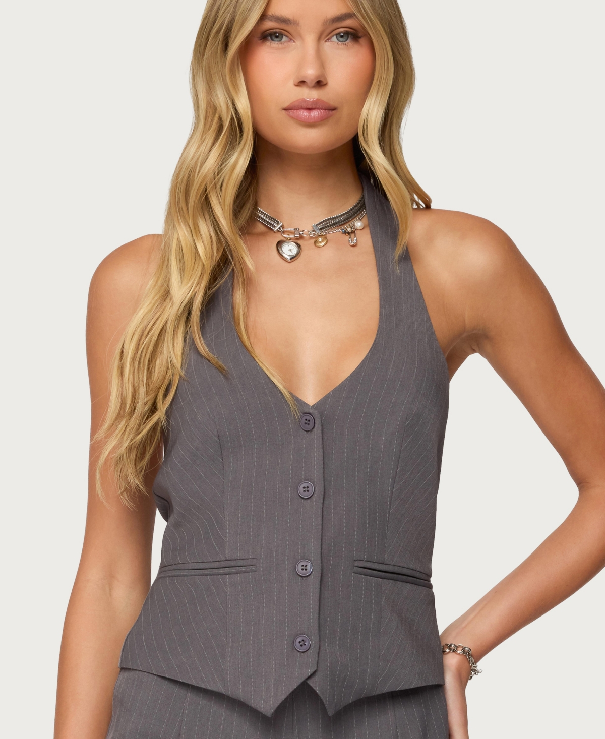 Click here for Edikted Womens Riya Pinstripe Button Up Halter Top... prices