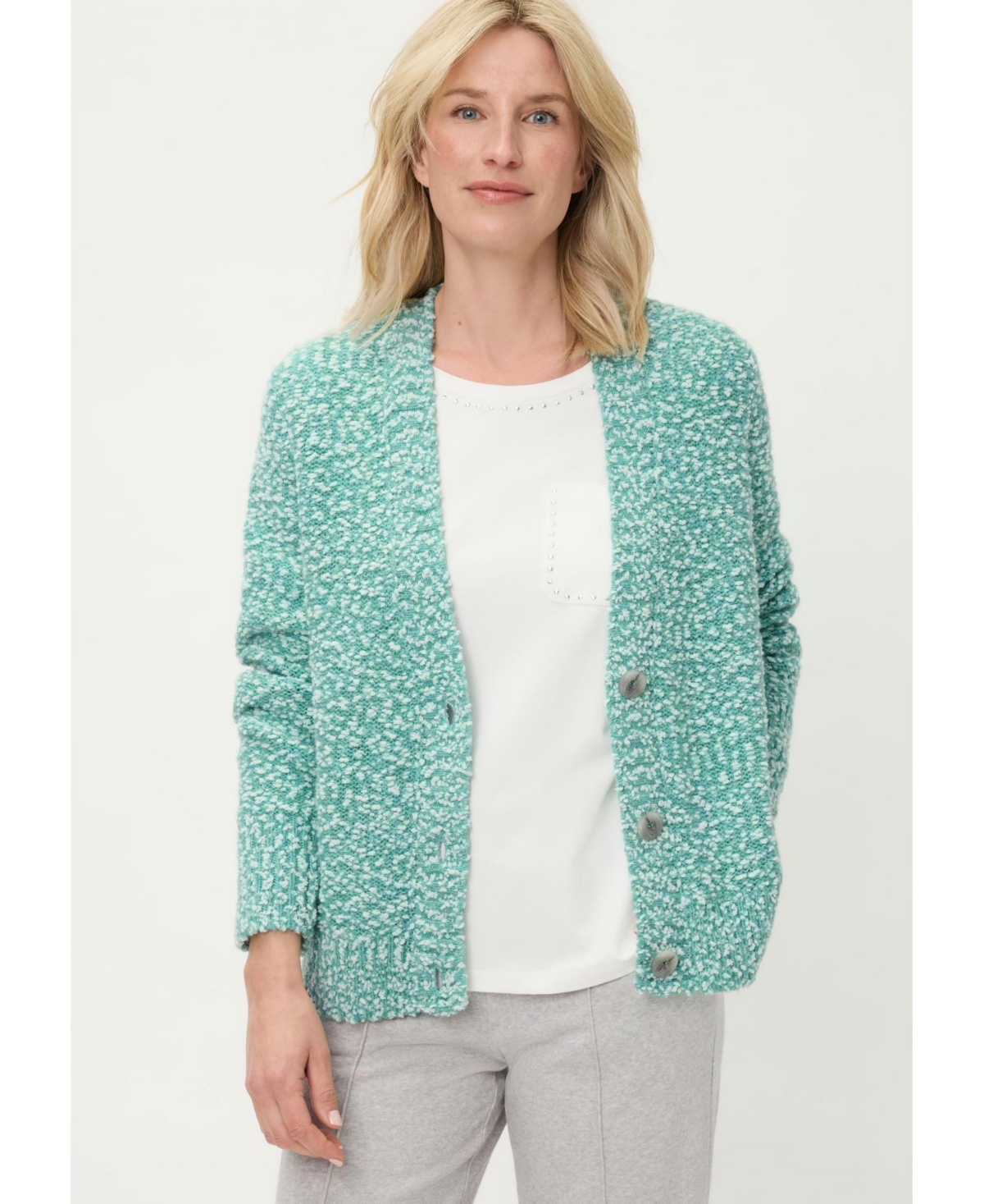 Click here for Olsen Womens Two-Tone Boucle Cardigan - Dark Mint prices