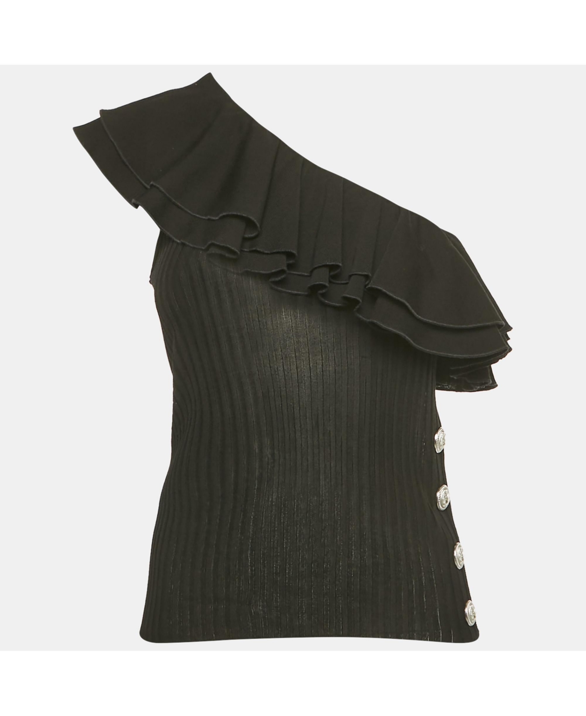 Click here for Pre-Owned Balmain Womens Black Rib Knit Ruffled On... prices