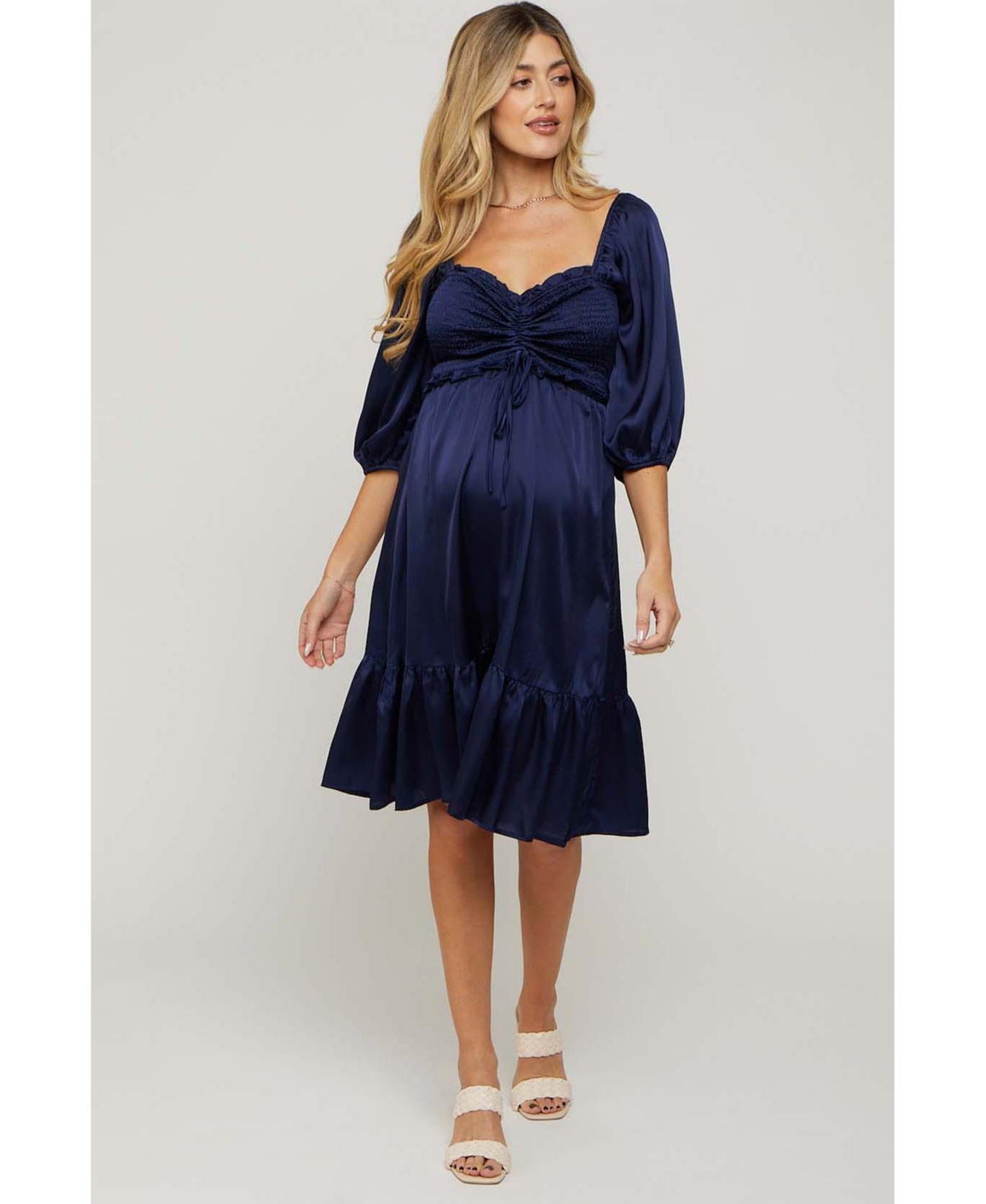 Click here for Pinkblush Maternity Navy Satin Smocked Ruffle Hem... prices