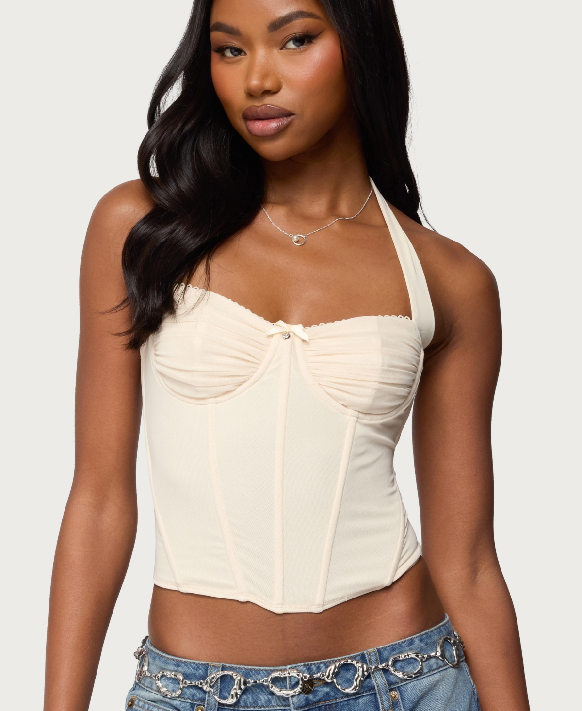 Click here for Edikted Womens Abigail Ruched Halter Corset - Beig... prices