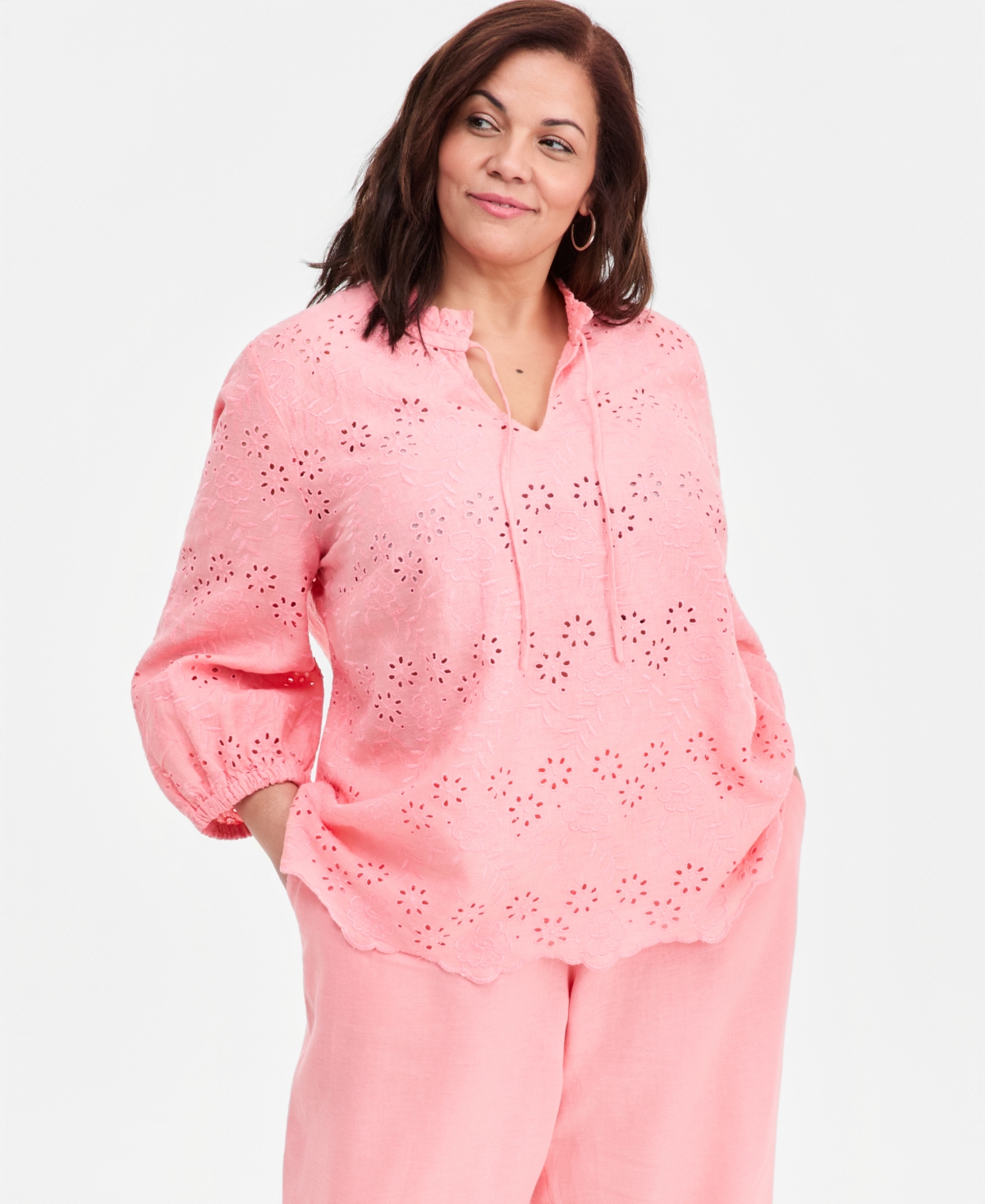 Click here for Charter Club Plus Size 100 Linen Eyelet Tie-Neck T... prices