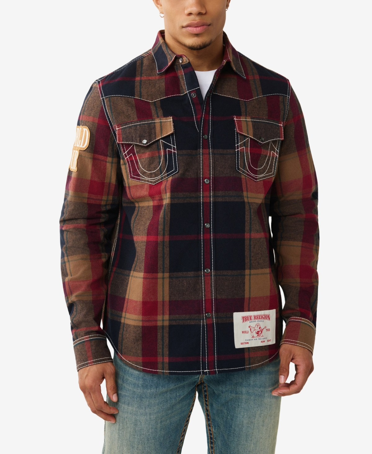 Click here for True Religion Mens Plaid Big T Western Shirt - Blu... prices