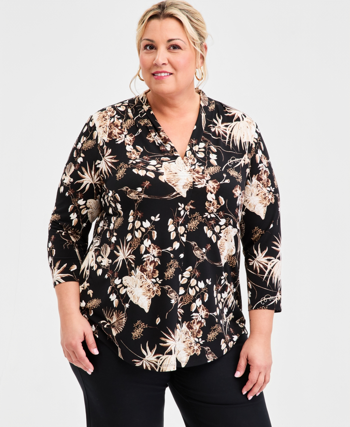 Jm Collection Plus Size Printed 3/4-Sleeve Top  Macys Exclusive - Deep Black