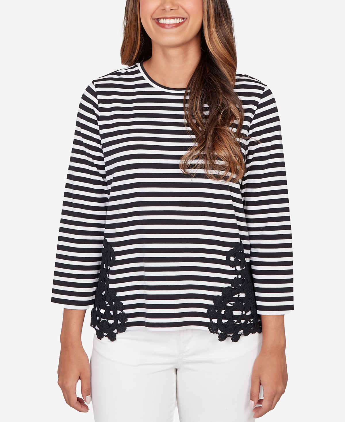 Click here for Ruby Rd. Petite Stripe Cotton Lace Applique Top -... prices