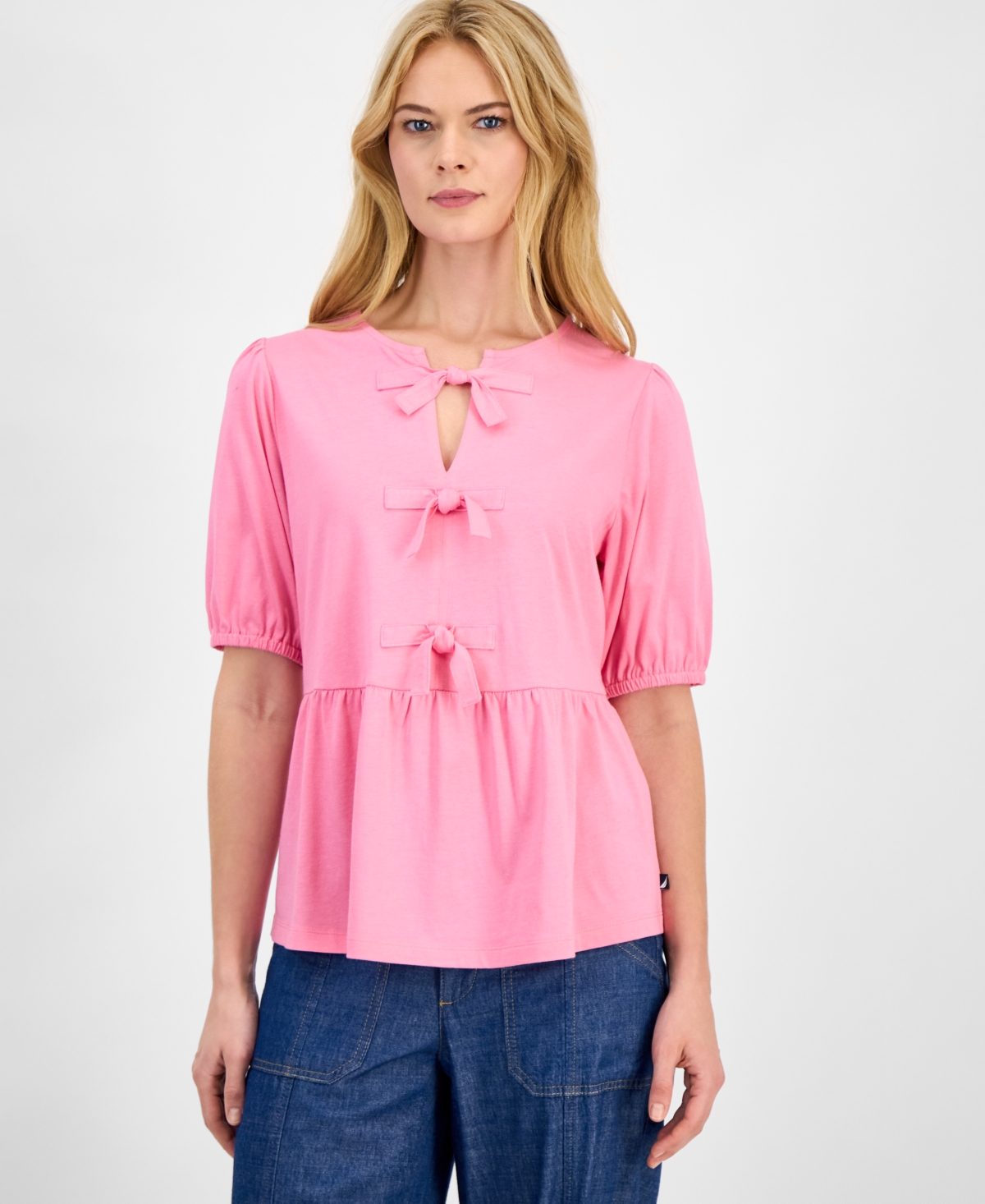 Click here for Nautica Womens Solid Bow Peplum Top - Peony prices