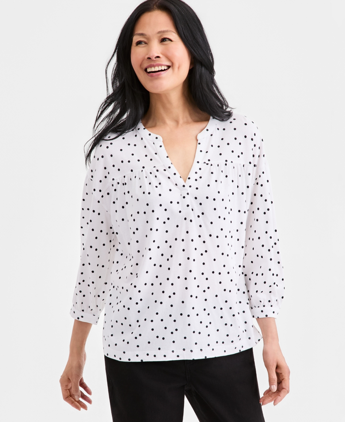Click here for Style & Co Womens Printed 3/4 Sleeve Split-Neck To... prices