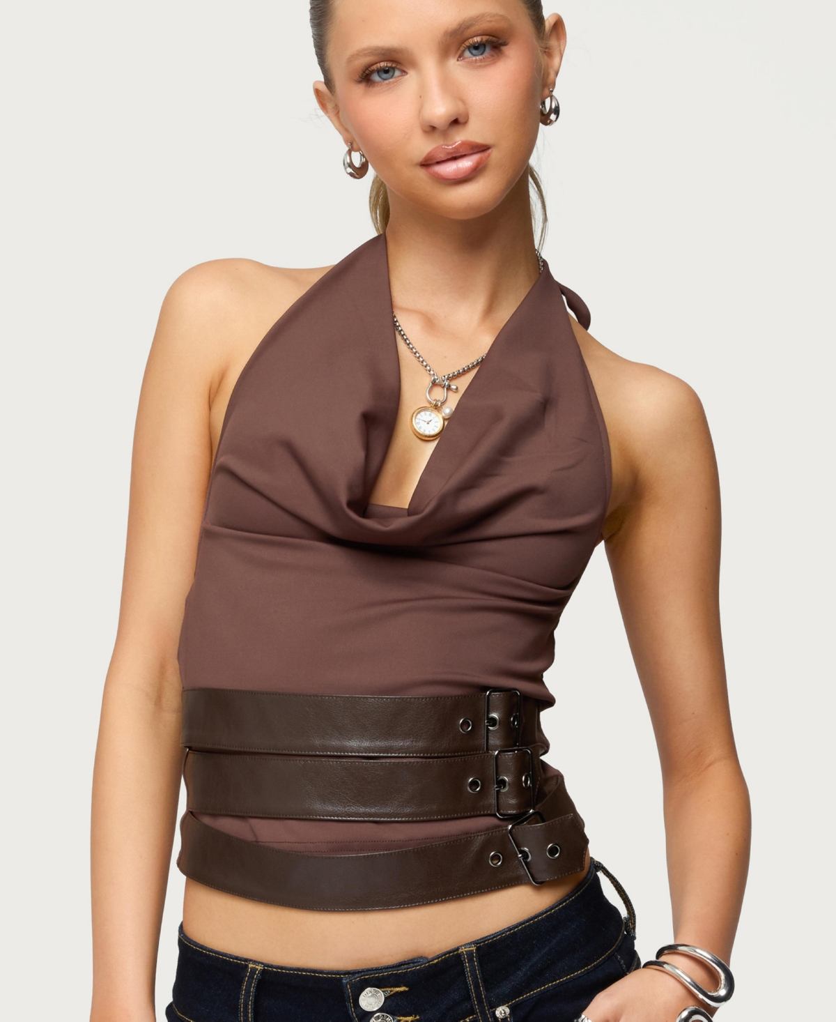 Click here for Edikted Womens Buckle Cowl Neck Backless Top - Bro... prices