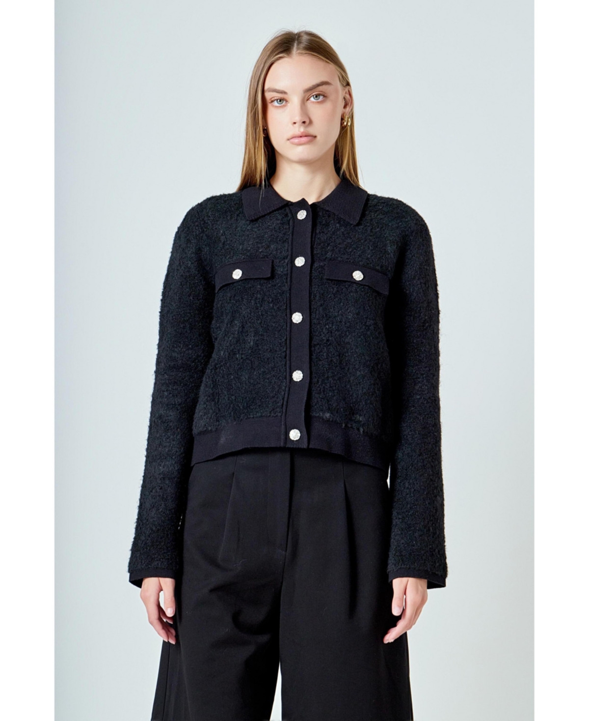 Click here for endless rose Womens Collared Button Up Knit Jacket... prices