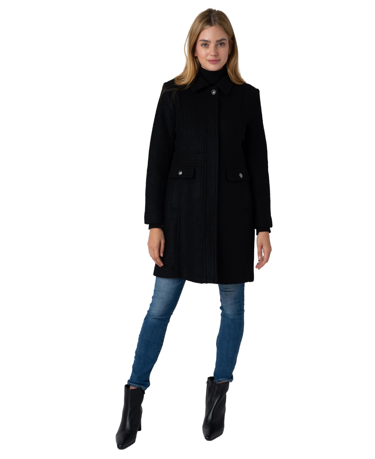 Click here for Sam Edelman Womens Inset Waist Boucle Coat - Black prices