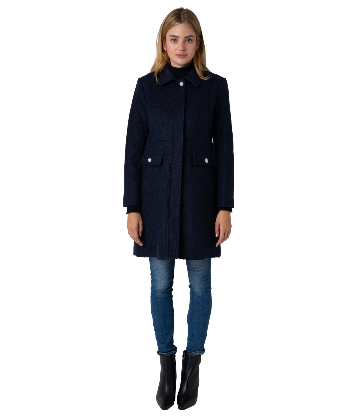 Click here for Sam Edelman Womens Inset Waist Boucle Coat - Navy prices