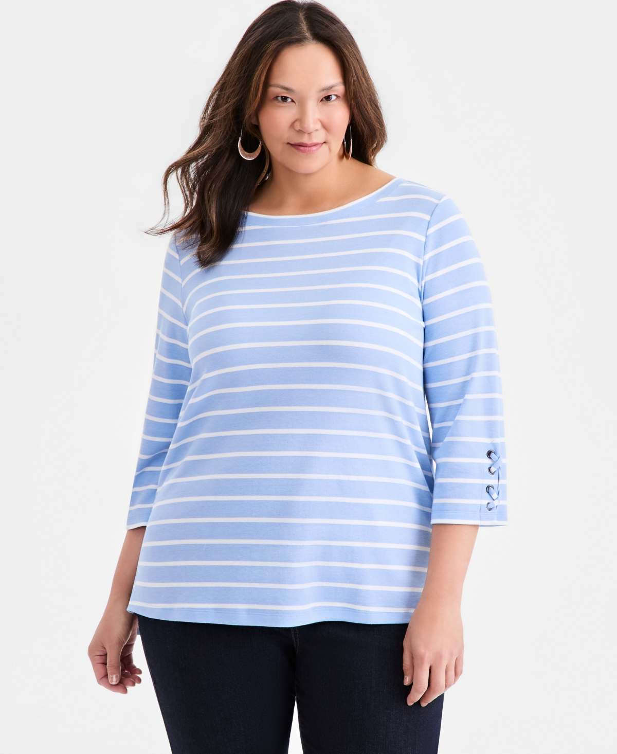 Click here for Style & Co Plus Size Boat-Neck Cotton Lace-Up-Slee... prices