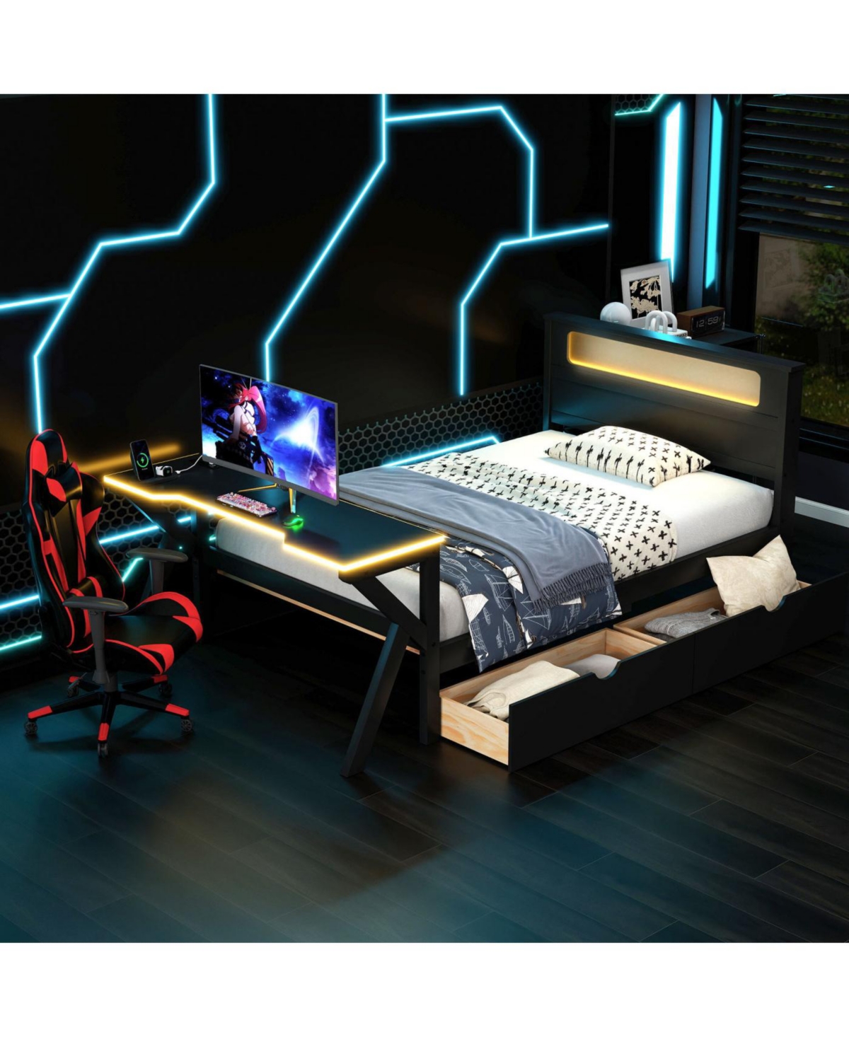 Click here for Streamdale Twin Size Gaming Bed with Led Headboard... prices