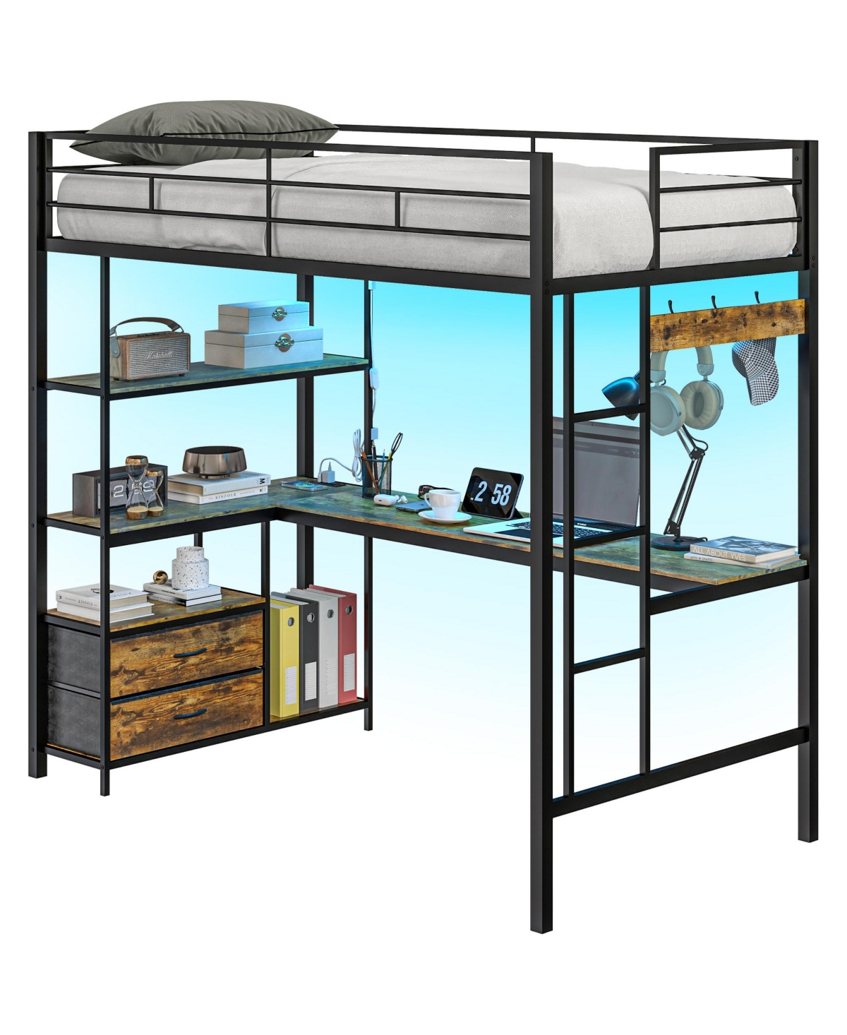 Click here for Homcom Twin Loft Bed with Desk Led Lights Metal Lo... prices