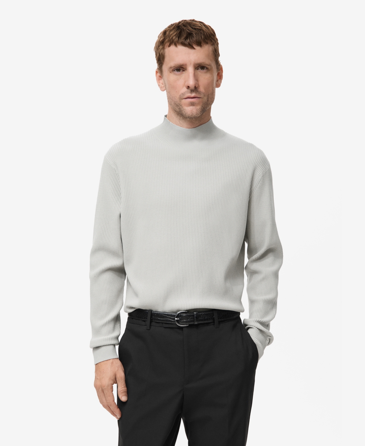 Click here for Mango Mens Ribbed Turtleneck Sweater - Ice Gray prices