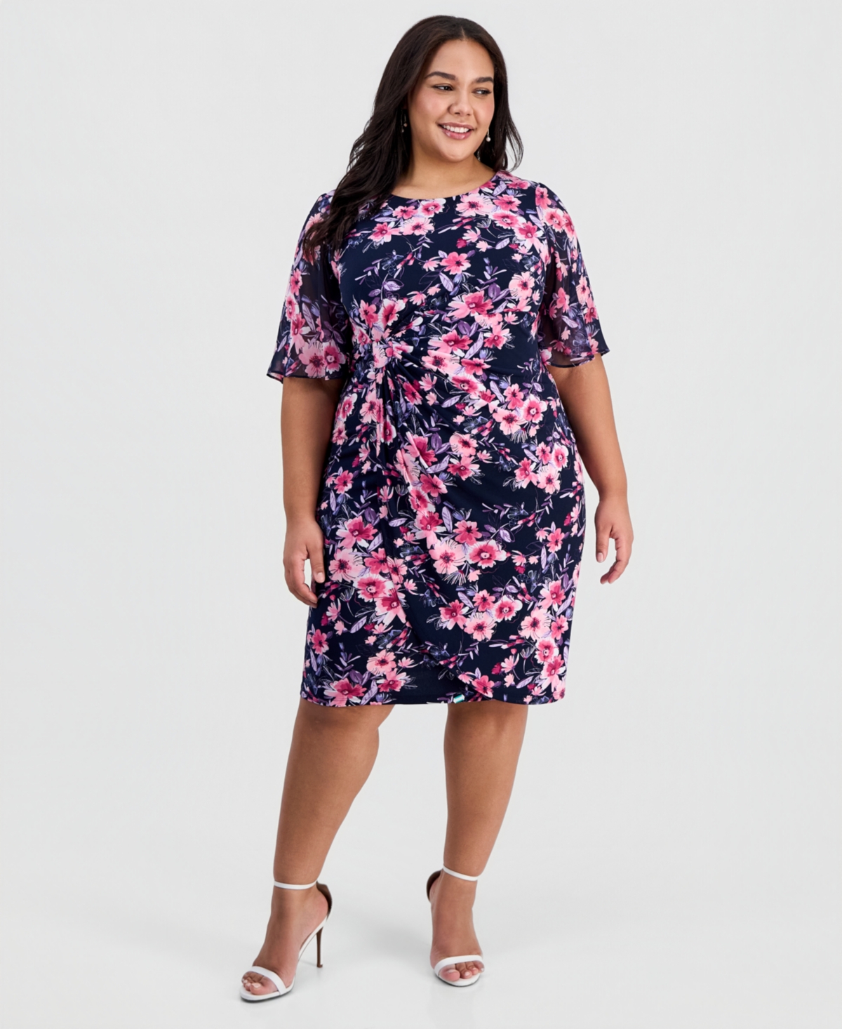 Click here for Connected Plus Size Printed Flutter-Sleeve Sheath... prices