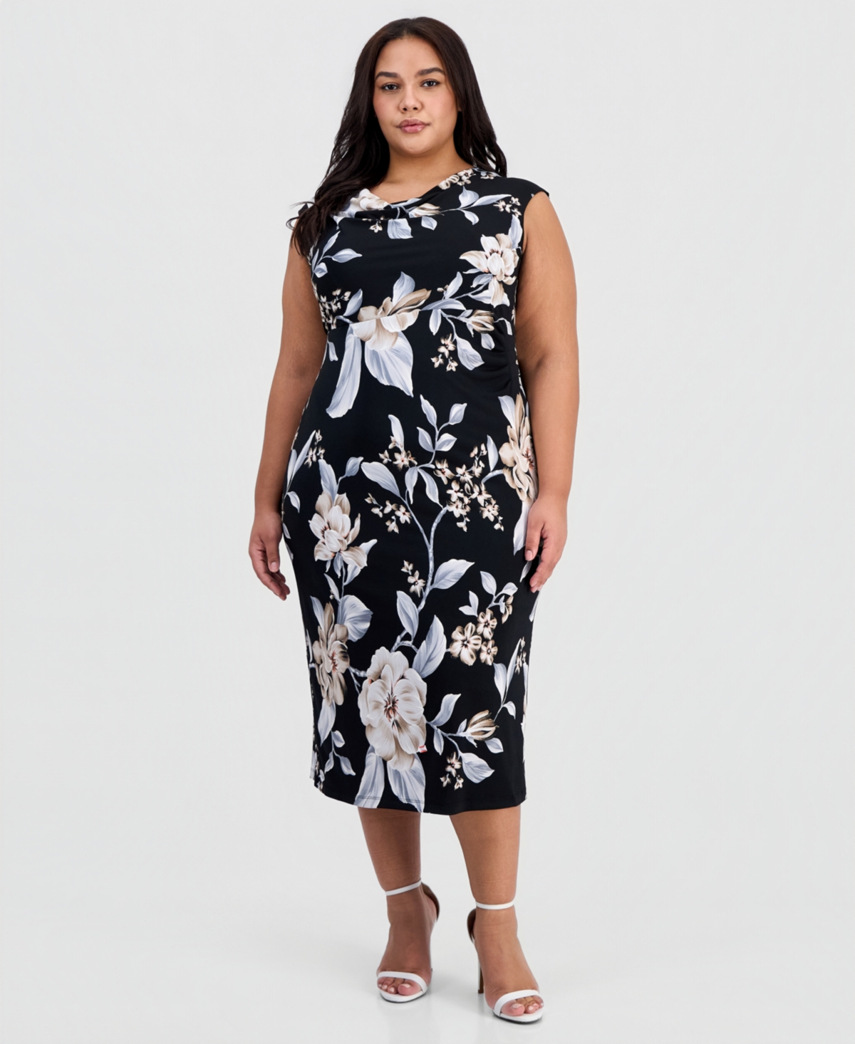 Click here for Connected Plus Size Floral Draped-Neck Side-Tuck D... prices