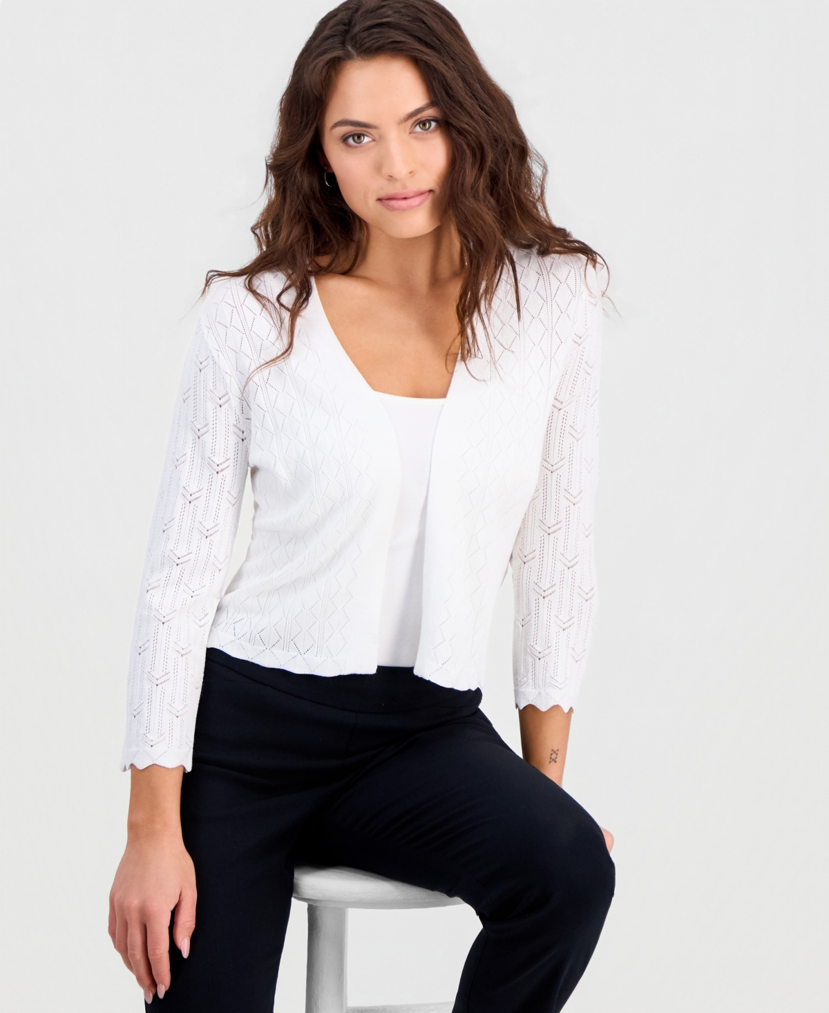 Click here for Robbie Bee Petite Pointelle Knit Open-Front Shrug... prices