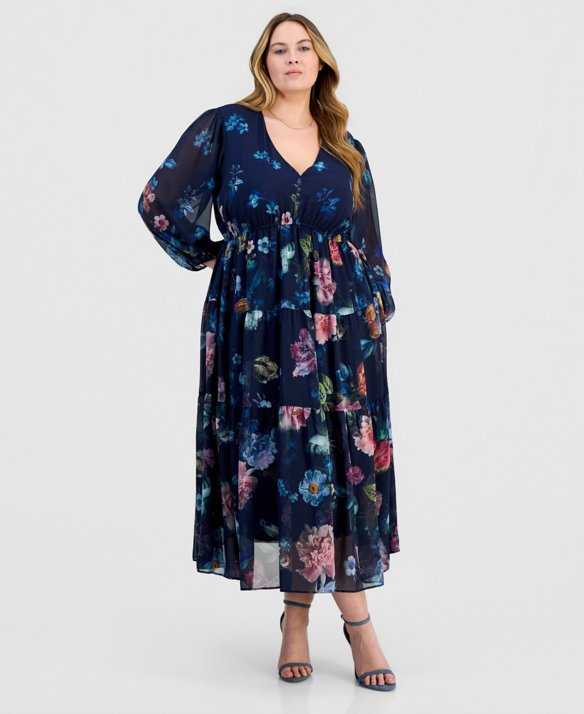 Click here for Robbie Bee Plus Size Tiered Chiffon Dress - Navy.p... prices
