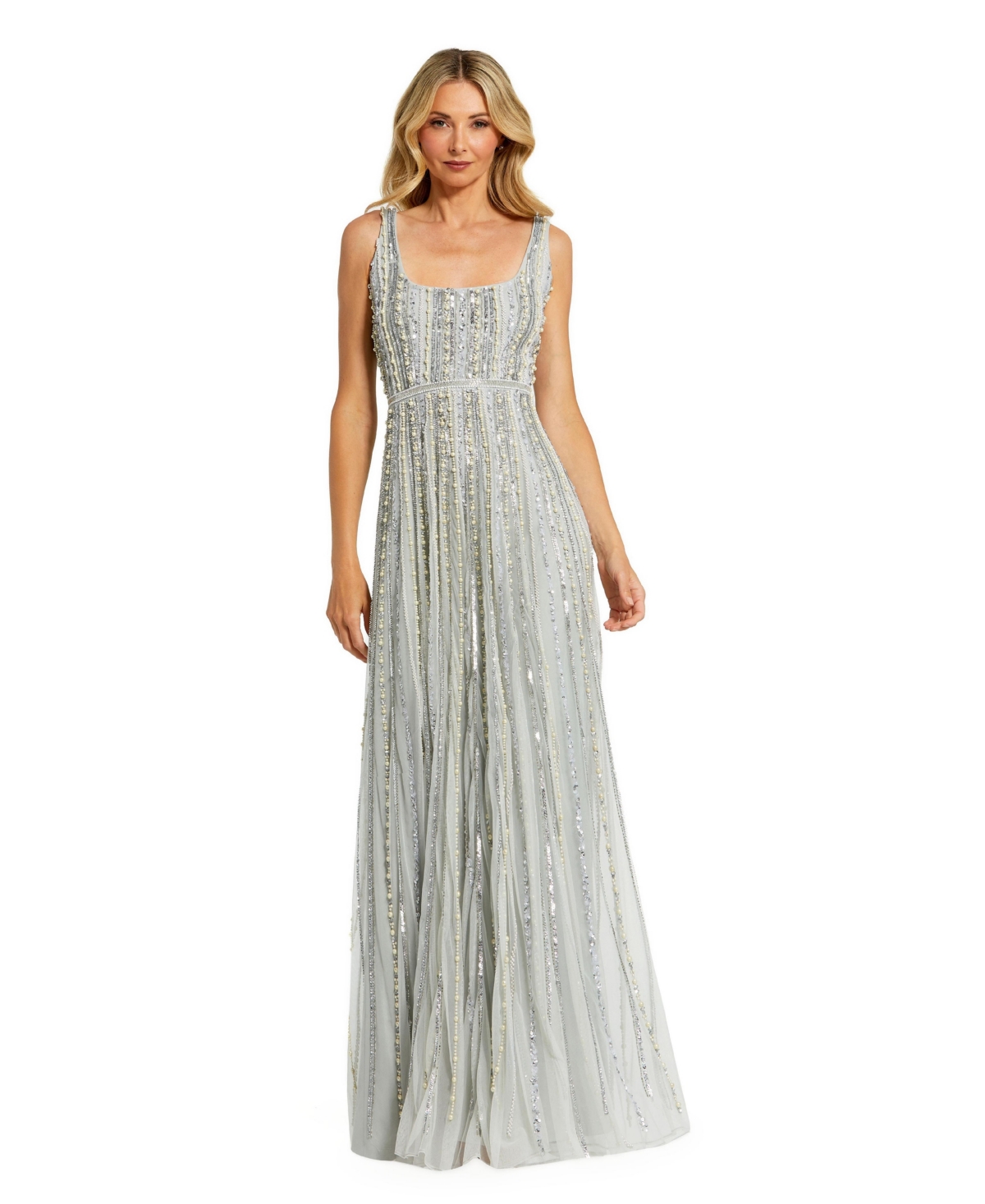 Click here for Mac Duggal Womens Scoop Neck A-Line Gown with Stri... prices