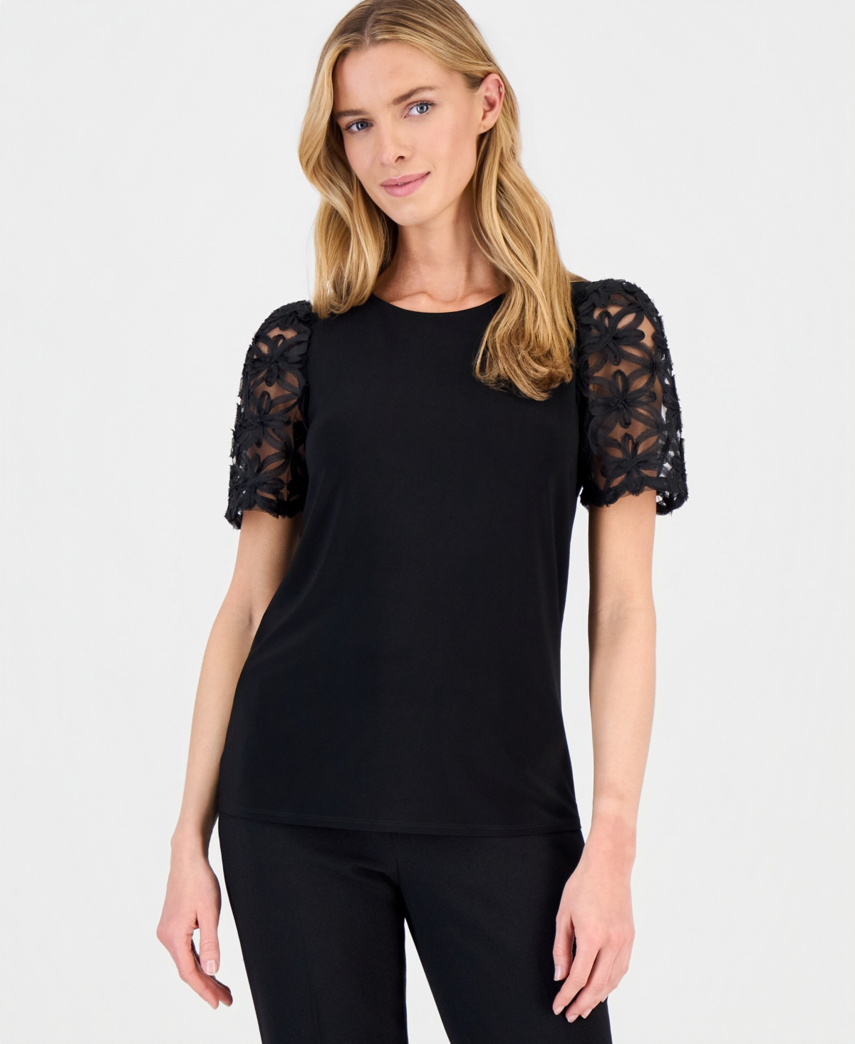 Click here for Anne Klein Womens Embellished-Sleeve Crewneck Top... prices
