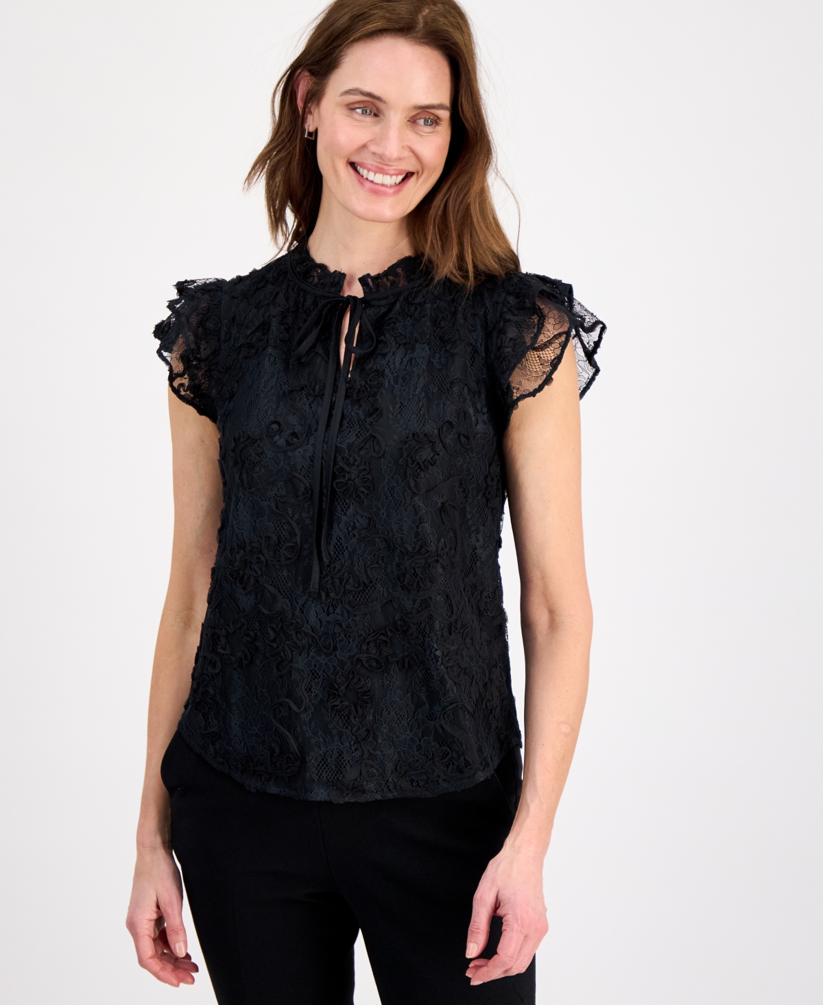 Click here for Anne Klein Womens Ruffled-Sleeve Tie-Front Lace To... prices