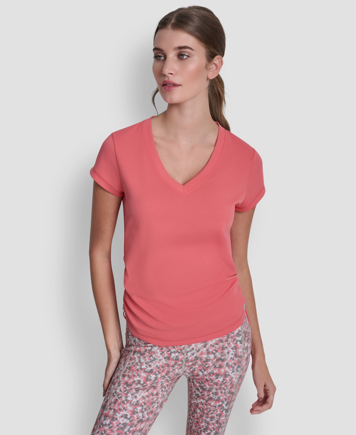 Click here for Dkny Sport Womens Ruched Side Seams V-Neck Tech T-... prices