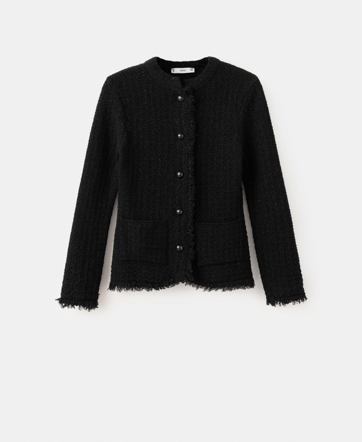 Click here for Mango Womens Frayed Trims Tweed Cardigan - Black prices
