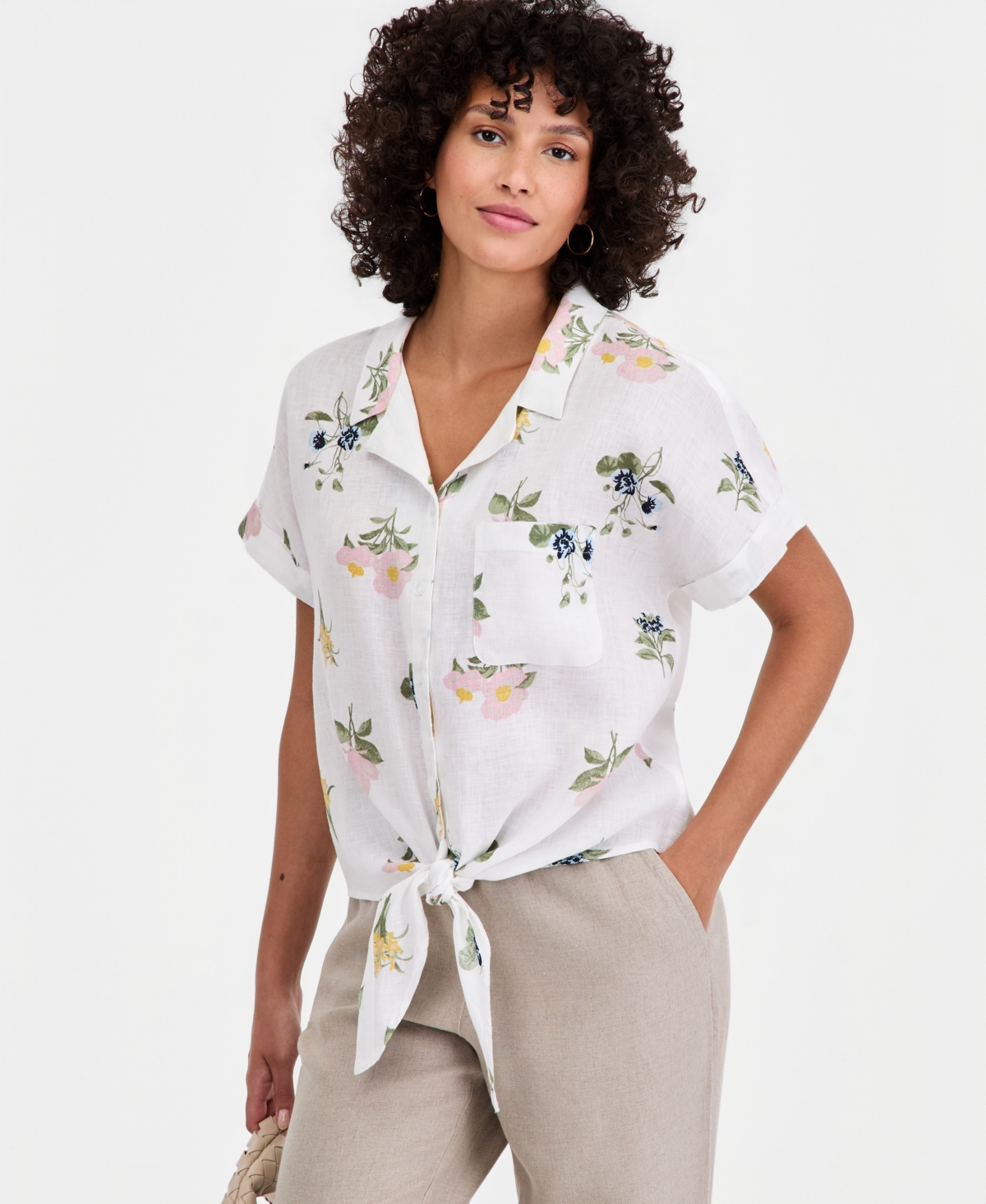 Click here for Charter Club Womens 100 Linen Tie-Front Shirt  Cre... prices