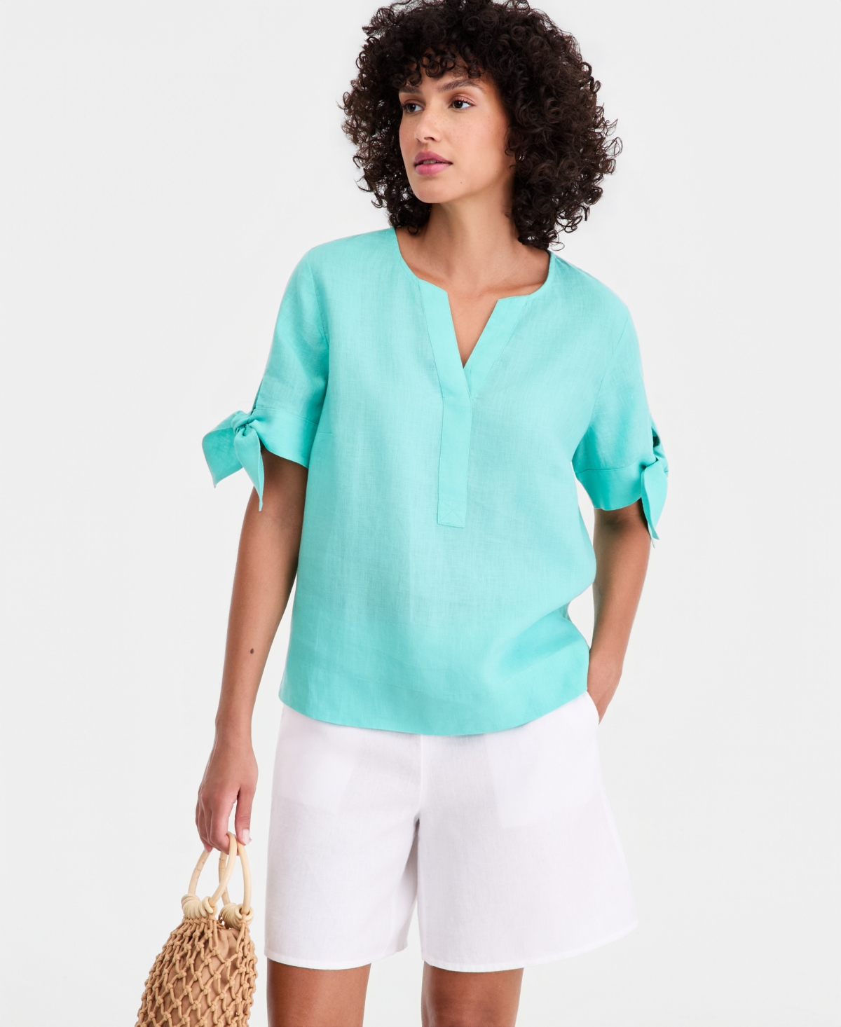 Click here for Charter Club Womens 100 Linen Split-Neck Tie-Cuff... prices