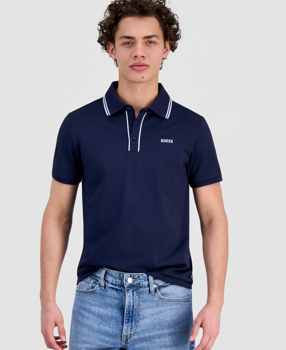 Click here for Guess Mens Paul Pique Polo Top - SMART BLUE prices