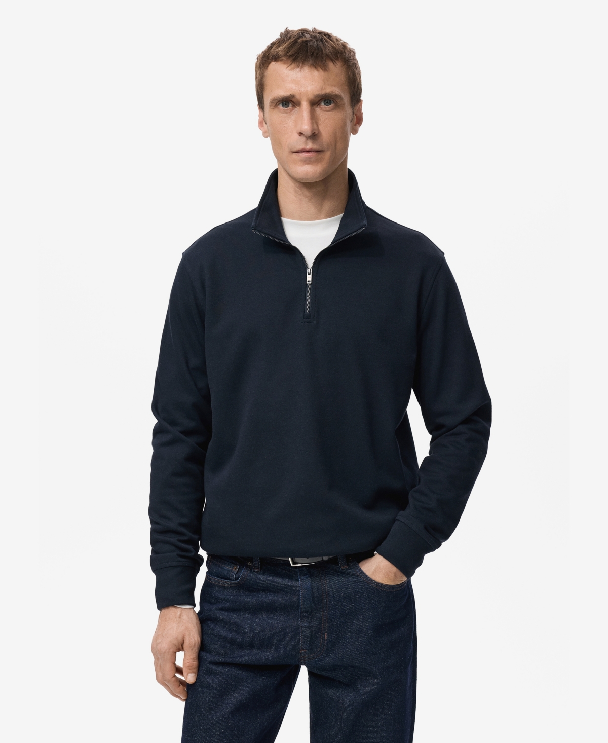 Click here for Mango Mens Regular-Fit Zipper-Neck Sweatshirt - Na... prices