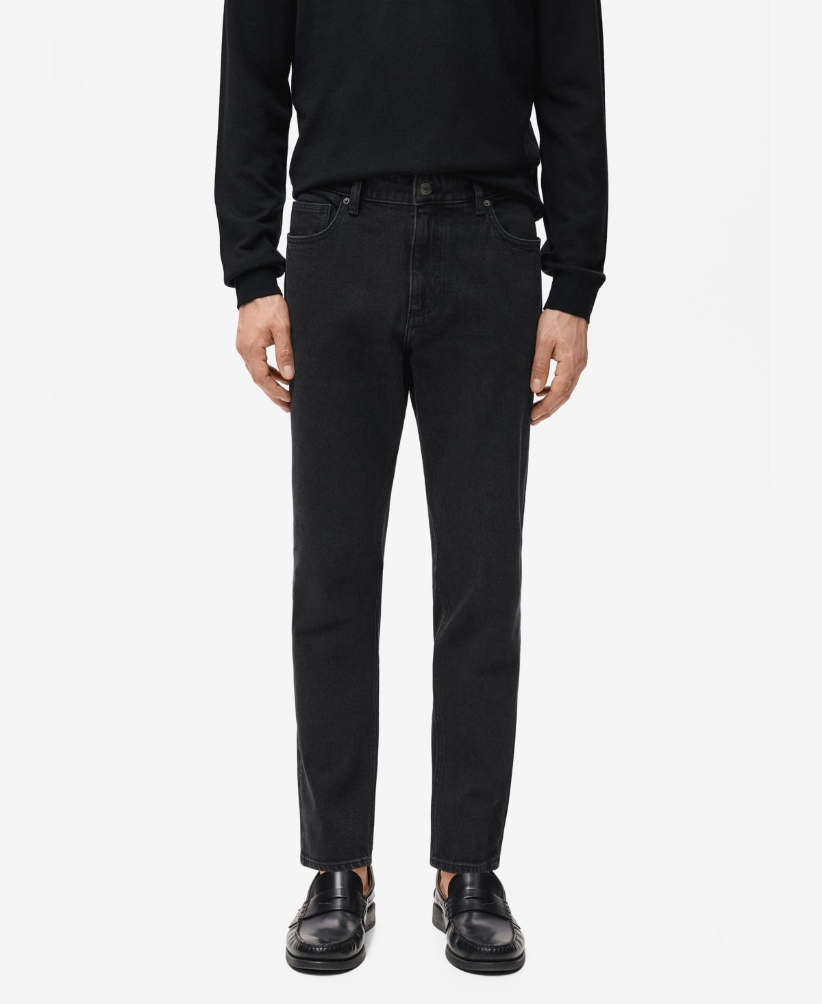 Click here for Mango Mens Ben Cropped Tapered-Fit Jeans - Black d... prices