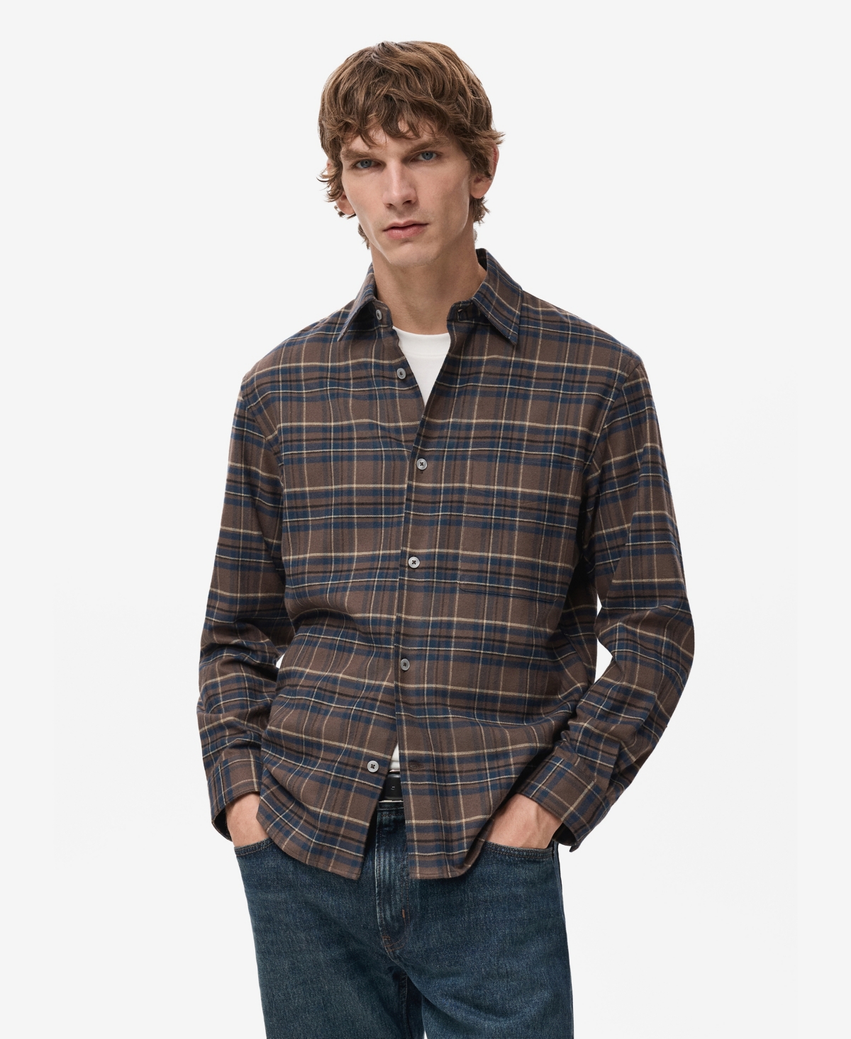 Click here for Mango Mens Cotton Flannel Checkered Shirt - Brown prices