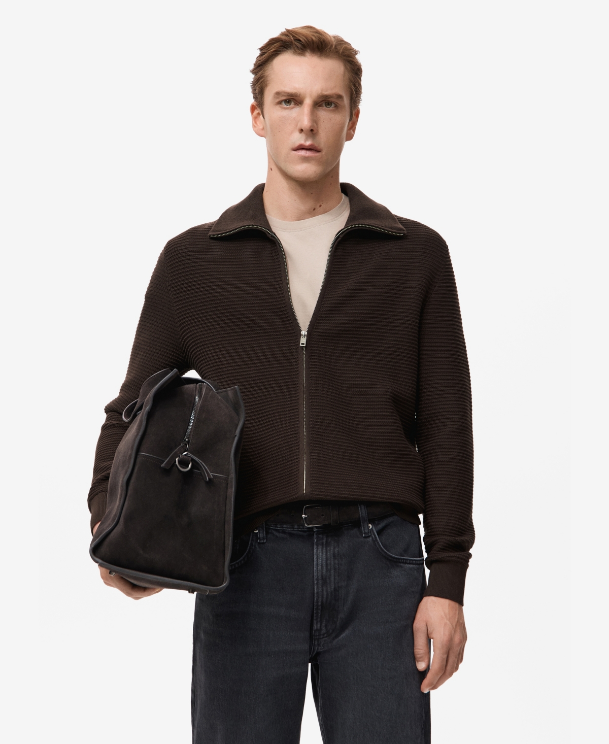 Click here for Mango Mens Zip Structured Knitted Cardigan - Choco... prices