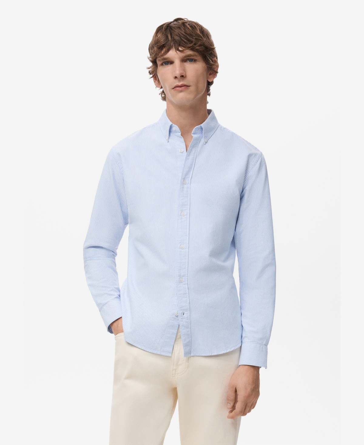 Click here for Mango Mens Cotton Kodak Striped Shirt - Sky Blue prices