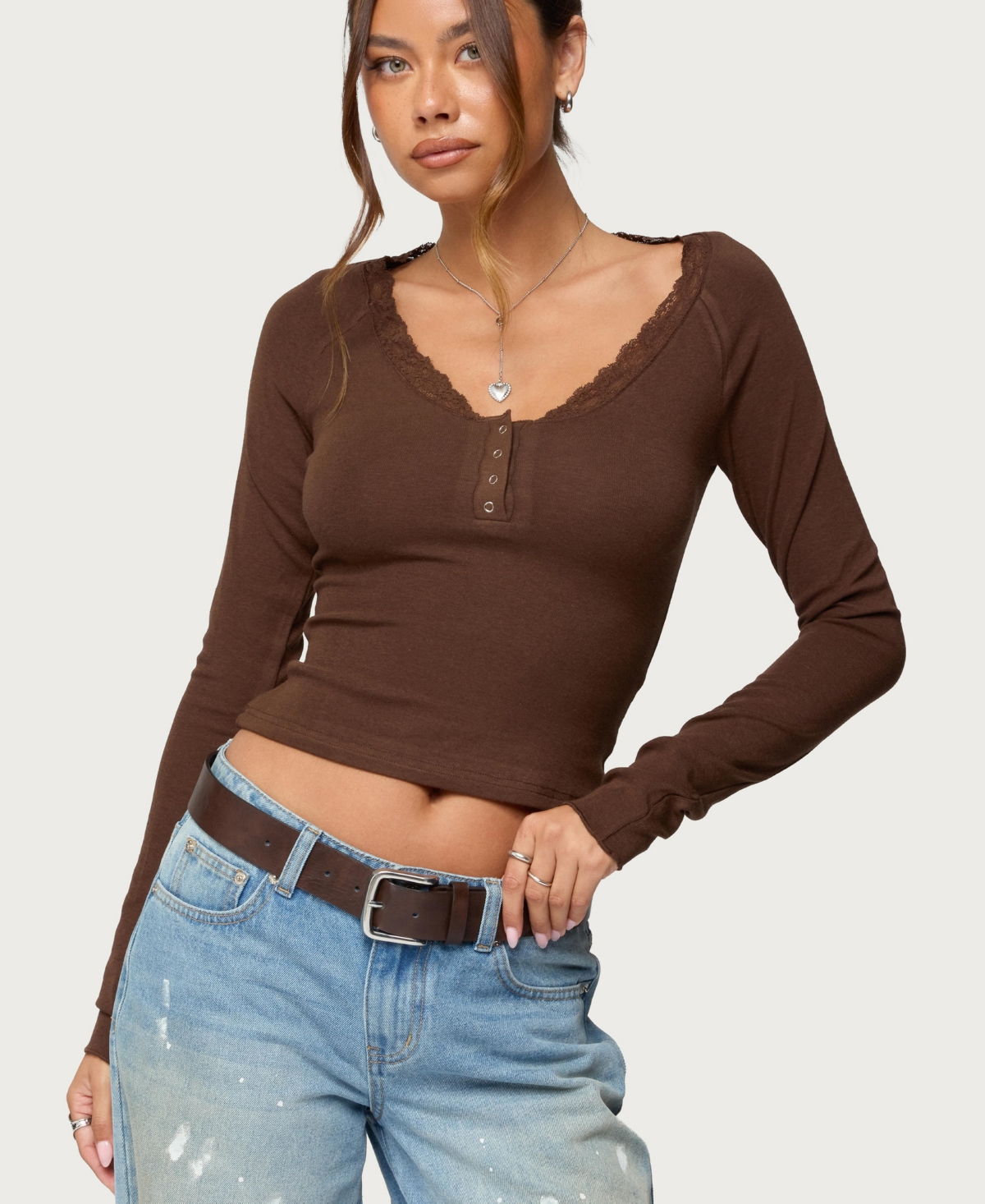 Click here for Edikted Womens Shanah Lacey Henley Top - Brown prices