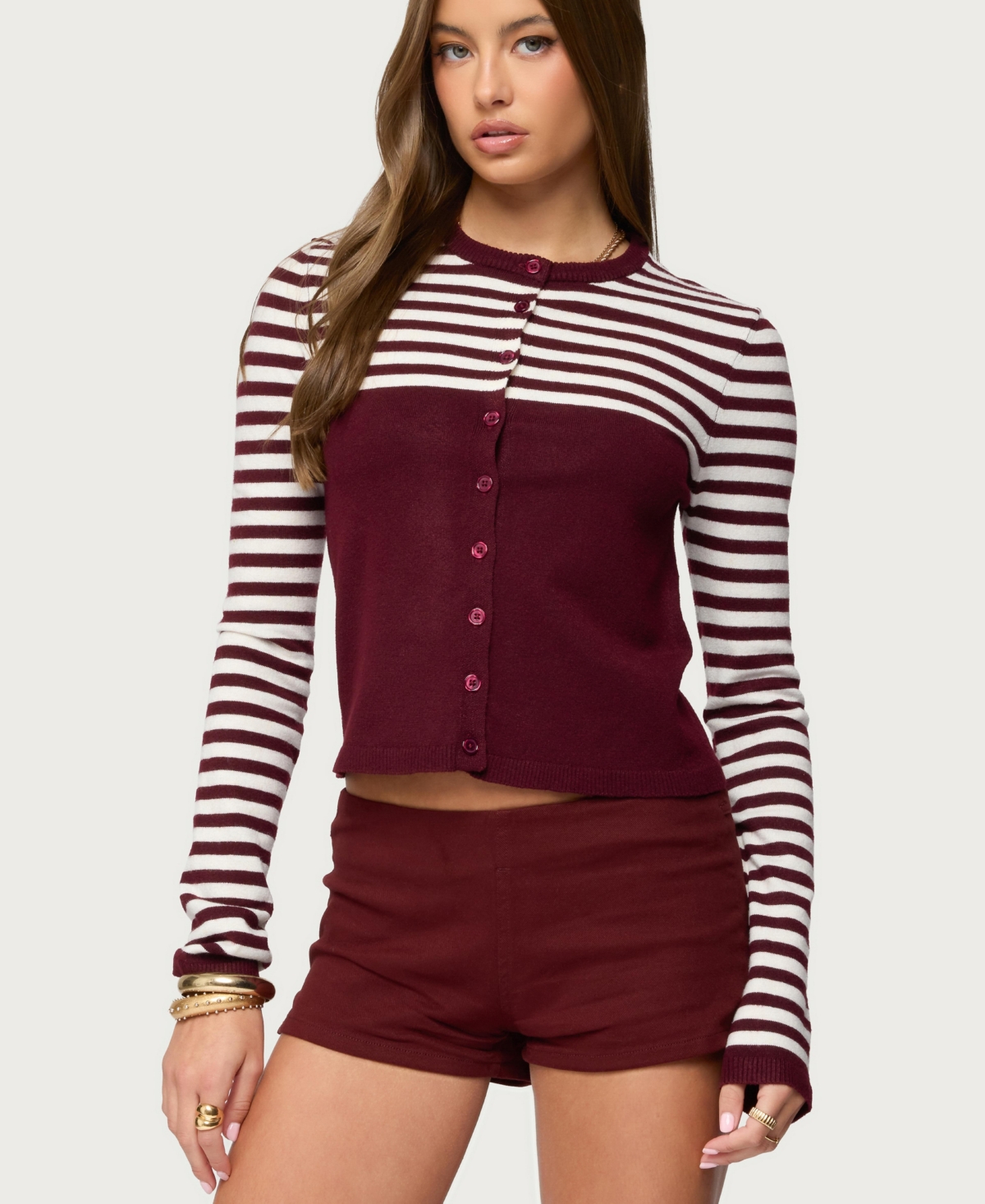 Click here for Edikted Womens Goni Stripey Knit Cardigan - Burgun... prices