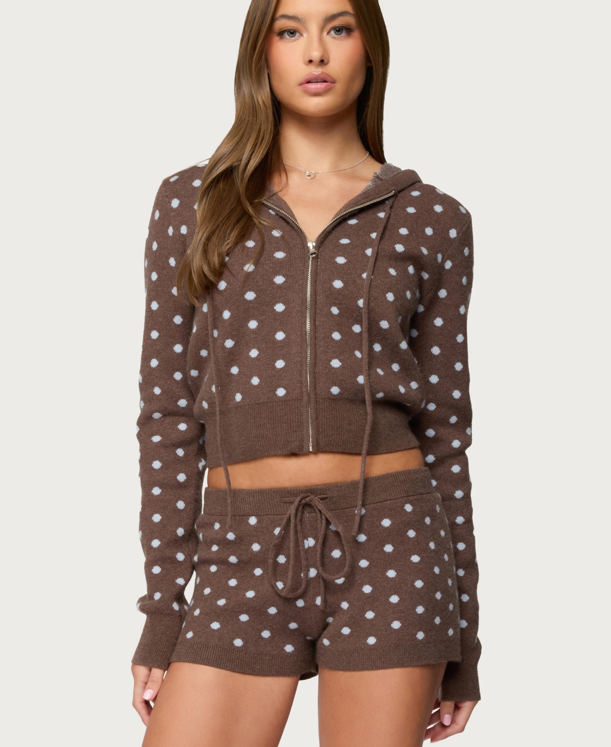 Click here for Edikted Womens Kenny Polka Dot Knit Zip Up Hooded... prices