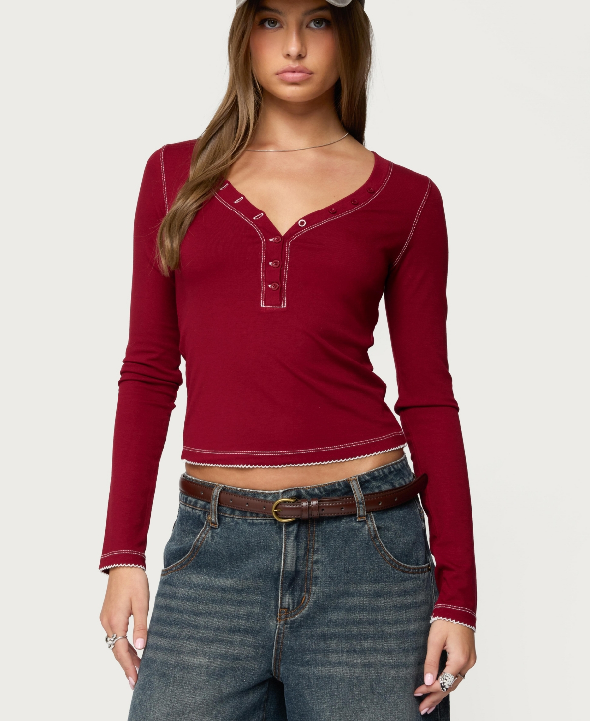 Click here for Edikted Womens Yael Contrast Stitch Henley Top - B... prices