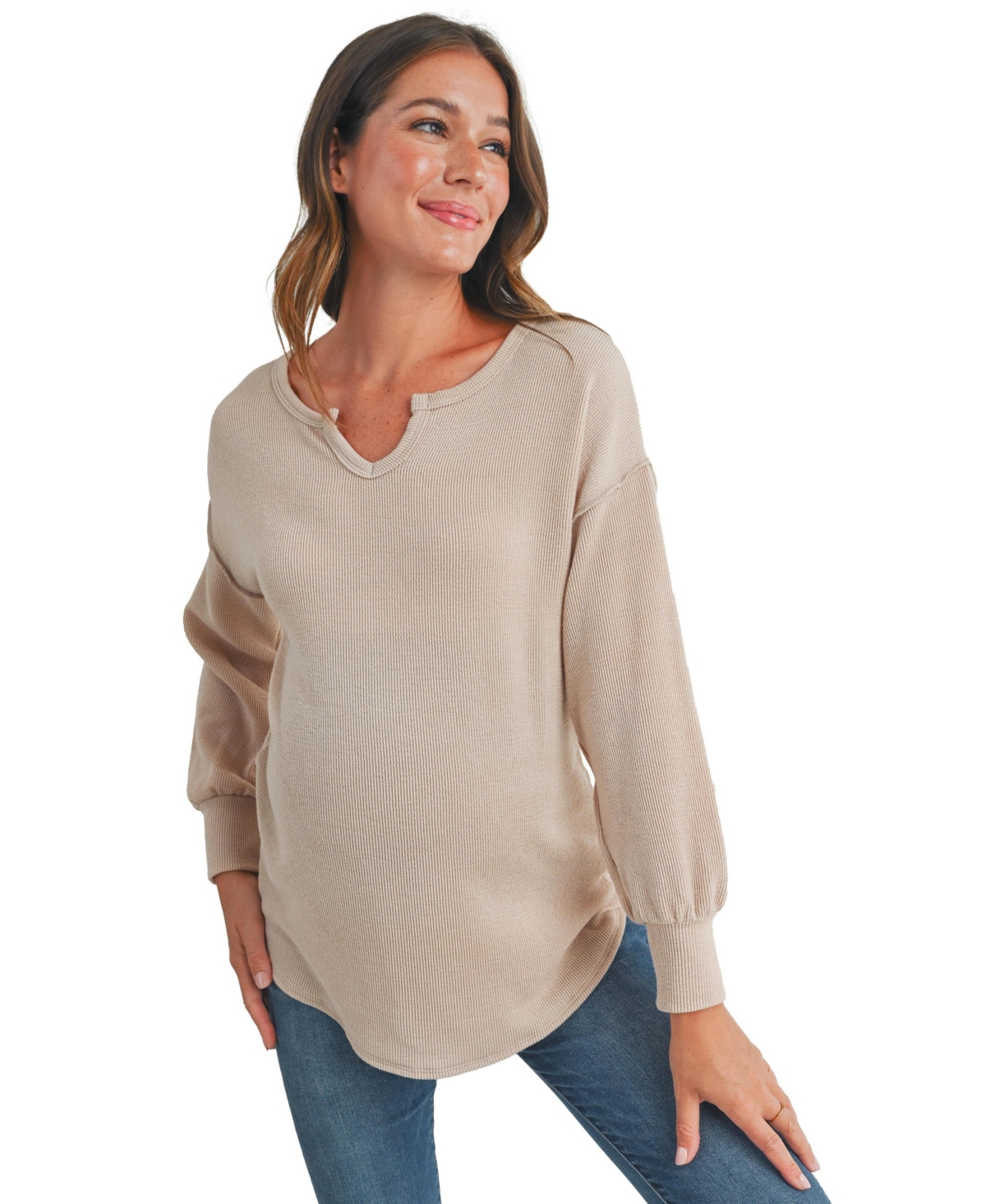 Click here for Hello Miz Maternity Ribbed Split Neck Long Sleeve... prices