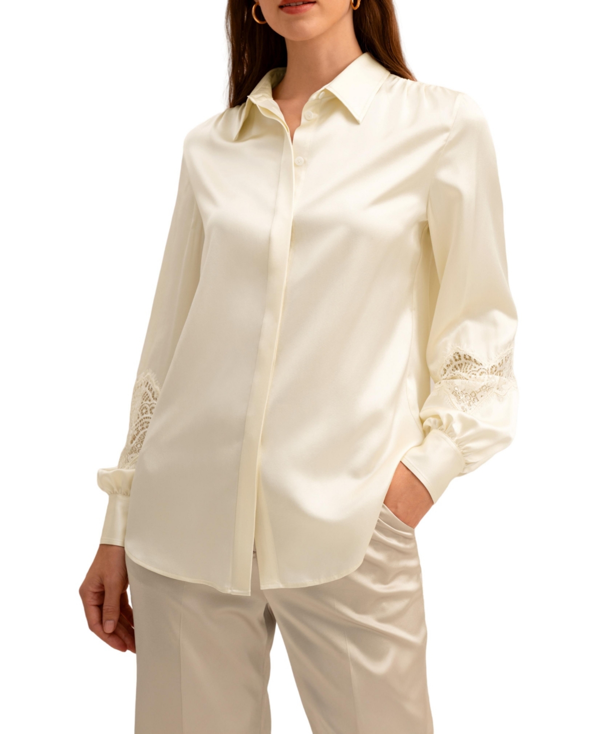 Click here for Lilysilk Womens Armeria Lace Blouse - Lily white prices